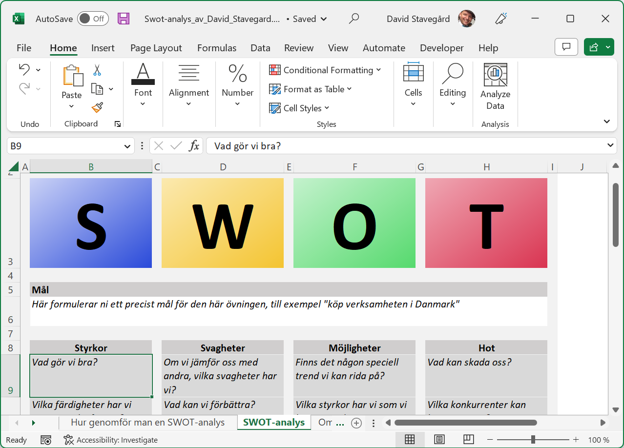 2023 SWOT analys.xlsx | Föreläsare och Excel-expert | David Stavegård