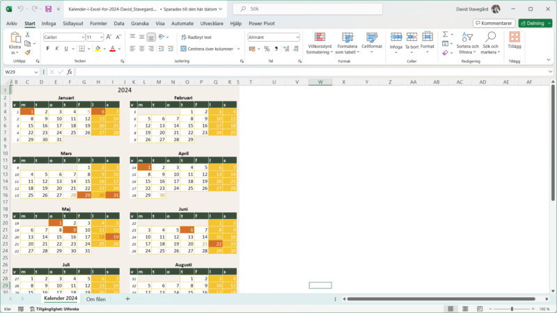 2024 Kalender på A4 | Föreläsare och Excel-expert | David Stavegård